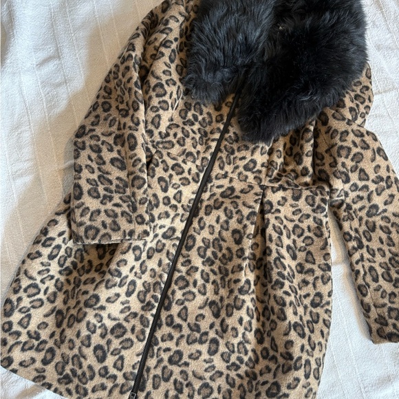 VENUS | Jackets & Coats | Venus Leopard Print Pea Coat With Black Fur ...